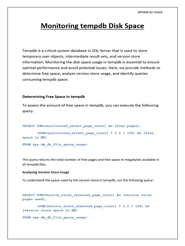 Tempdb Diskspace Pdf Microsoft Sql Server Data Management