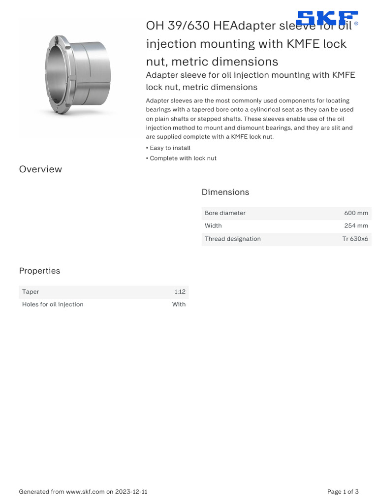 SKF OH 39 - 630 HEAdapter Sleeve For Oil Injection Mounting With KMFE Lock Nut, Metric ...