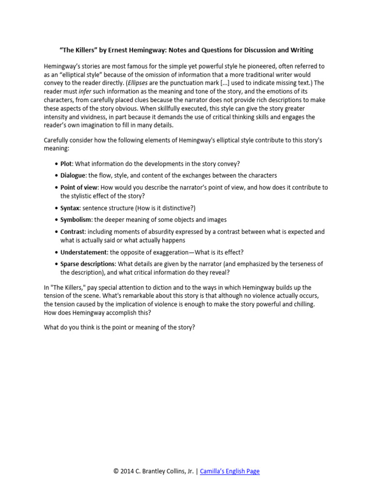 The Killers Notes and Questions For Discussion and Writing | PDF