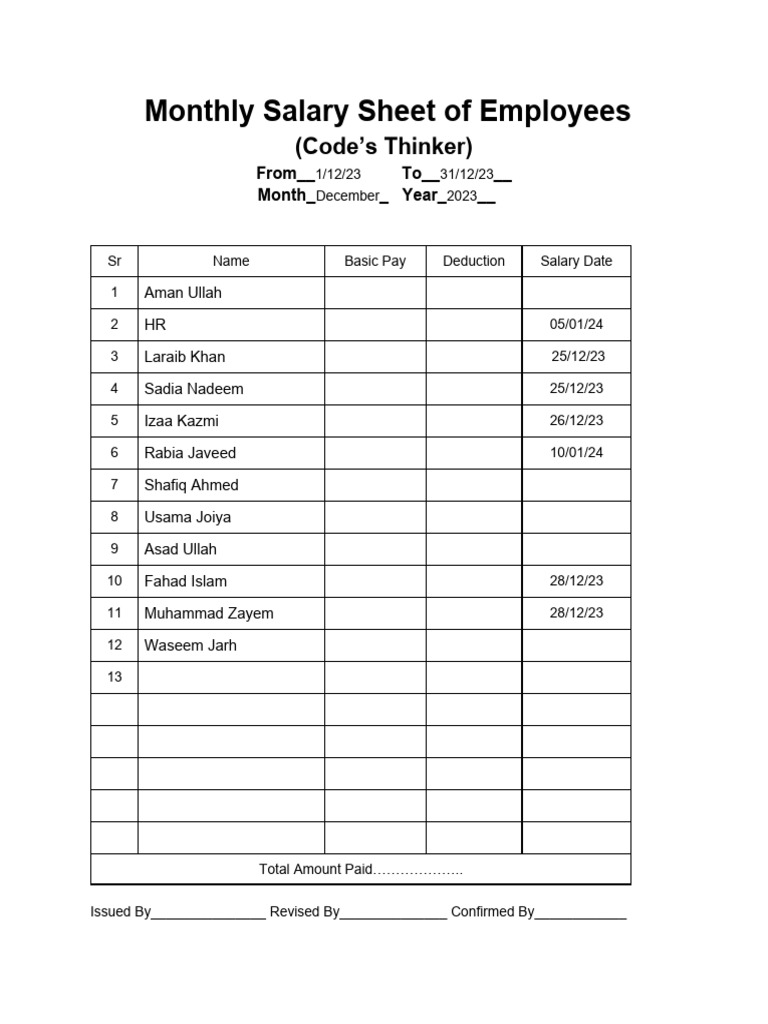 Monthly Salary Sheet of Employees | PDF