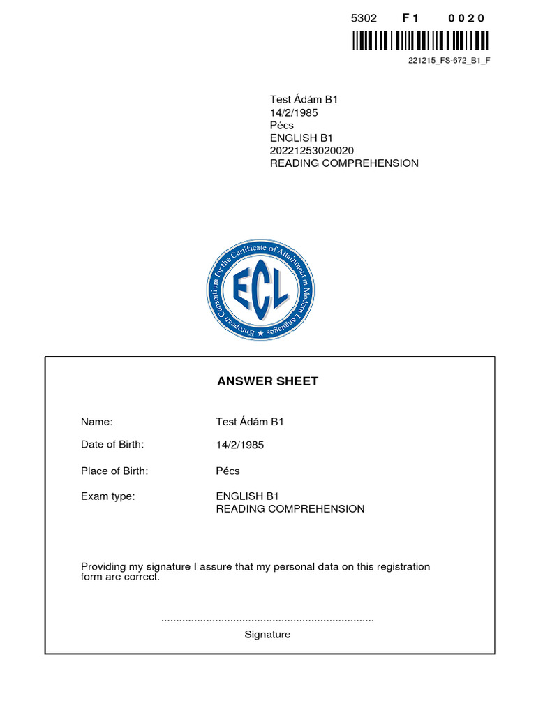 En AnswerSheet Reading b1 | PDF