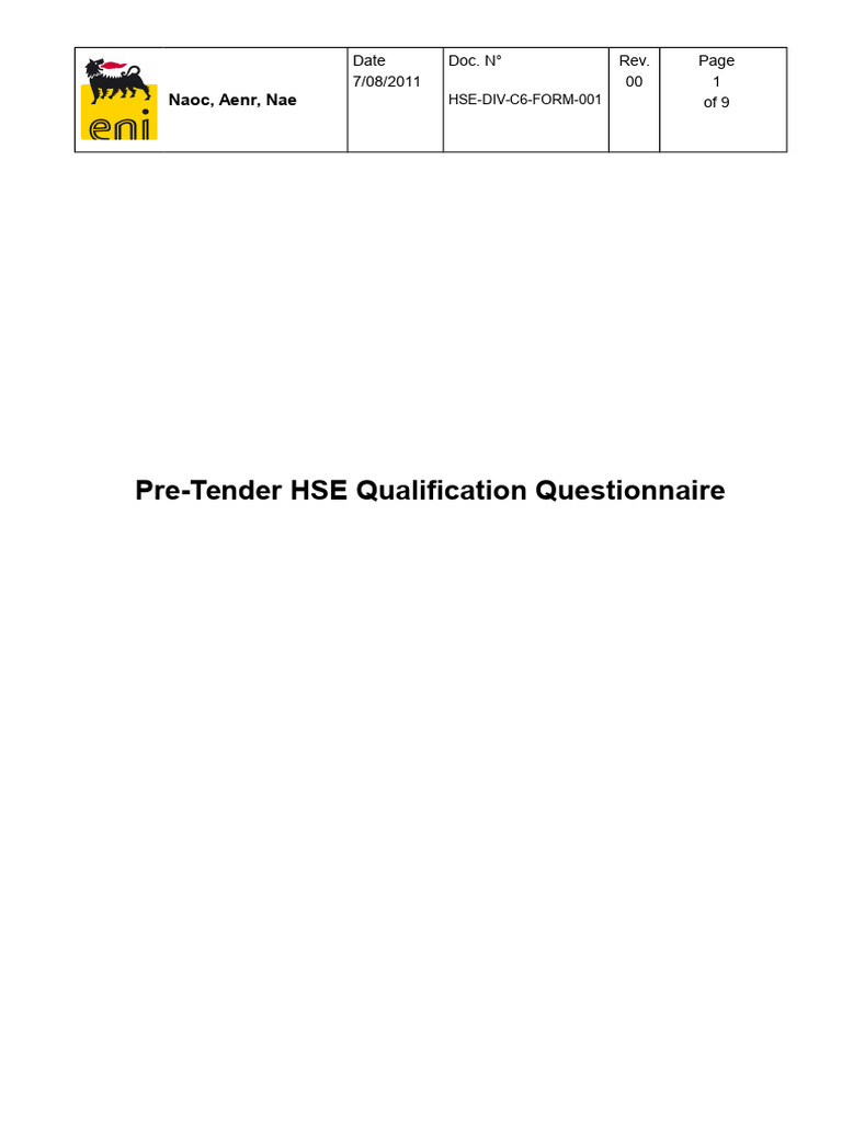 Pre Tender Hse Qualification Questionnaire Compress | PDF