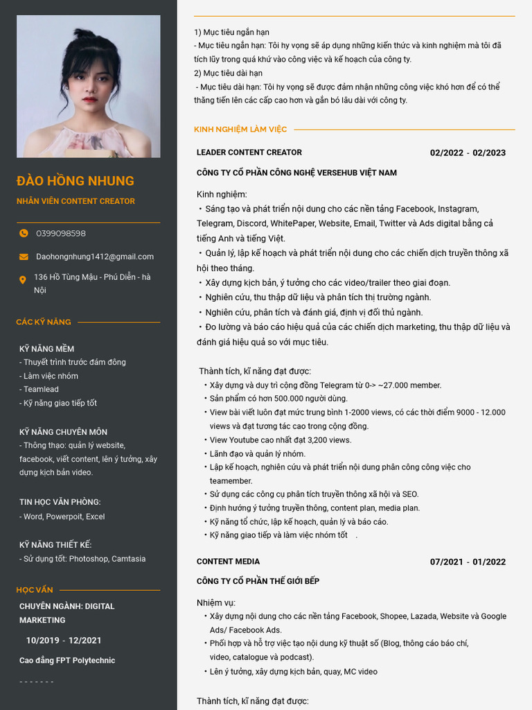 CV ĐÀO H NG NHUNG Content Creator | PDF