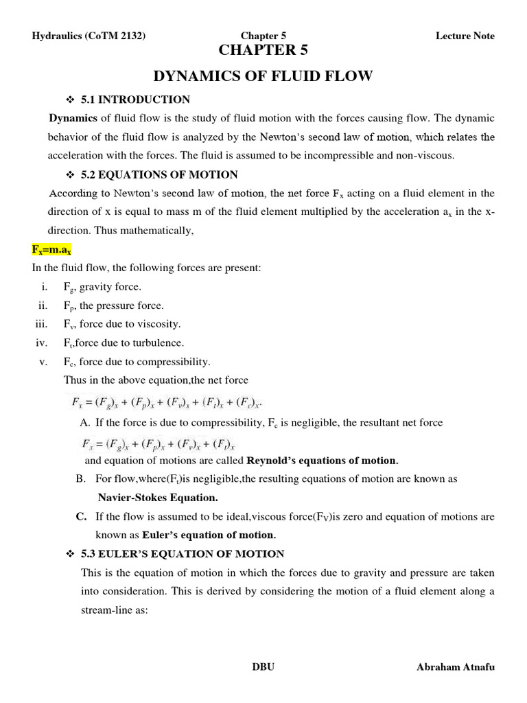 CHAPTER 5 Dynamics of Fluid Flow | PDF | Fluid Dynamics | Navier–Stokes Equations