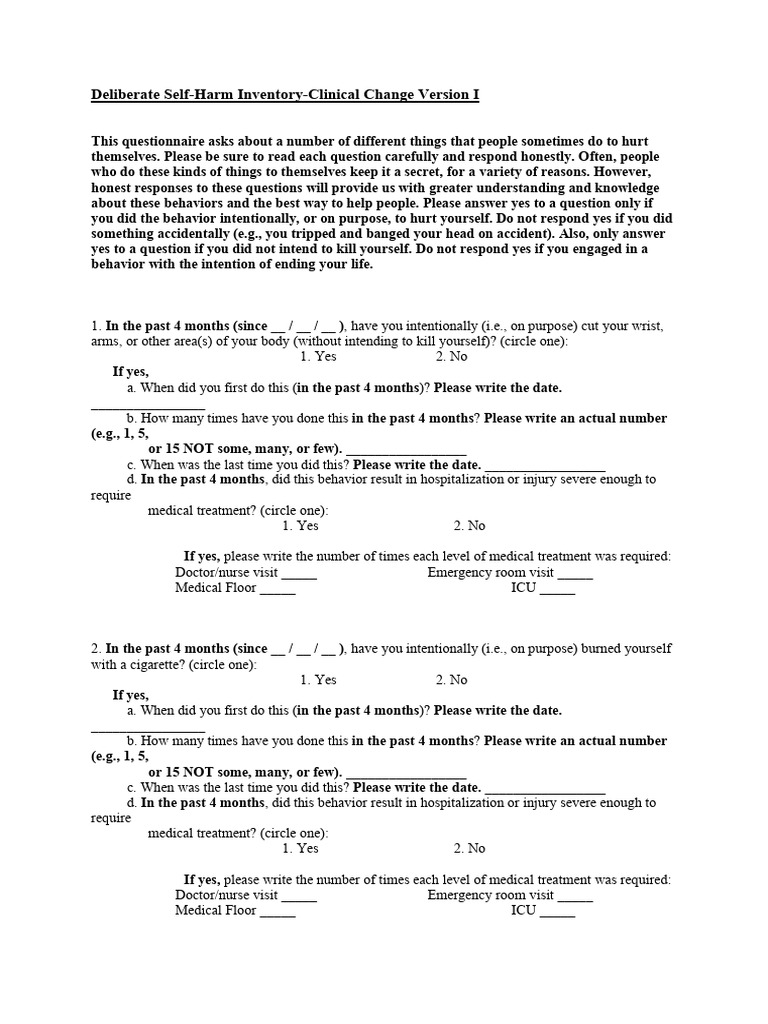 Deliberate Self Harm Inventory | PDF | Emergency Department | Intensive ...