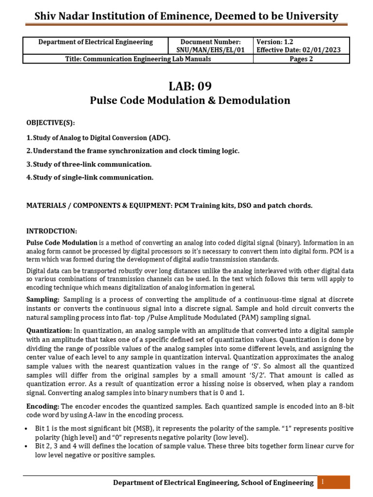 EXP 9 - Pulse Code Modulation & Demodulation | PDF | Digital Signal | Sampling (Signal Processing)