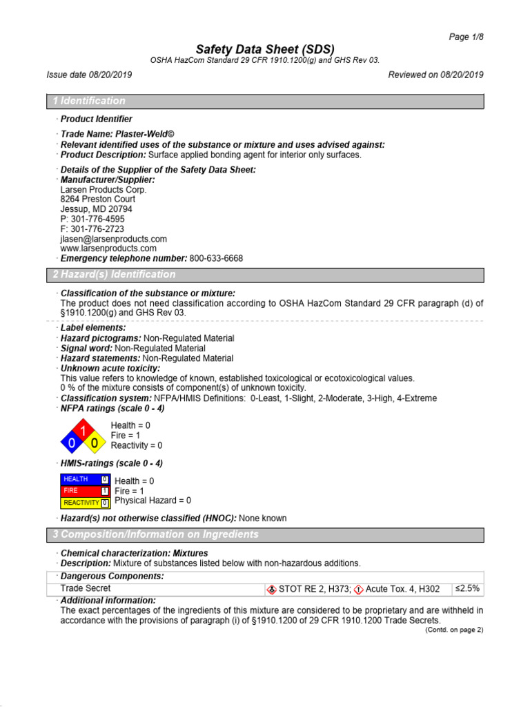 Plaster Weld© US EN 3 Sds | PDF