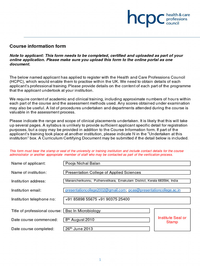 HCPC Course Information Form Guide | PDF | Immune System | Microorganism