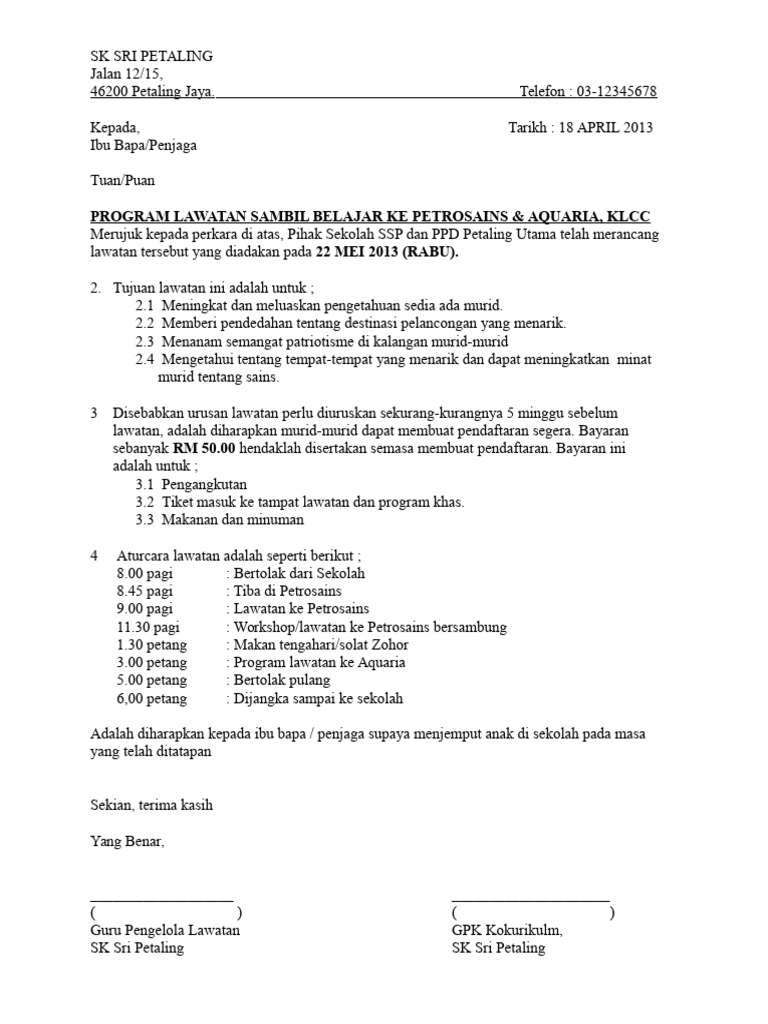 Contoh Surat Kebenaran Lawatan Sekolah | PDF
