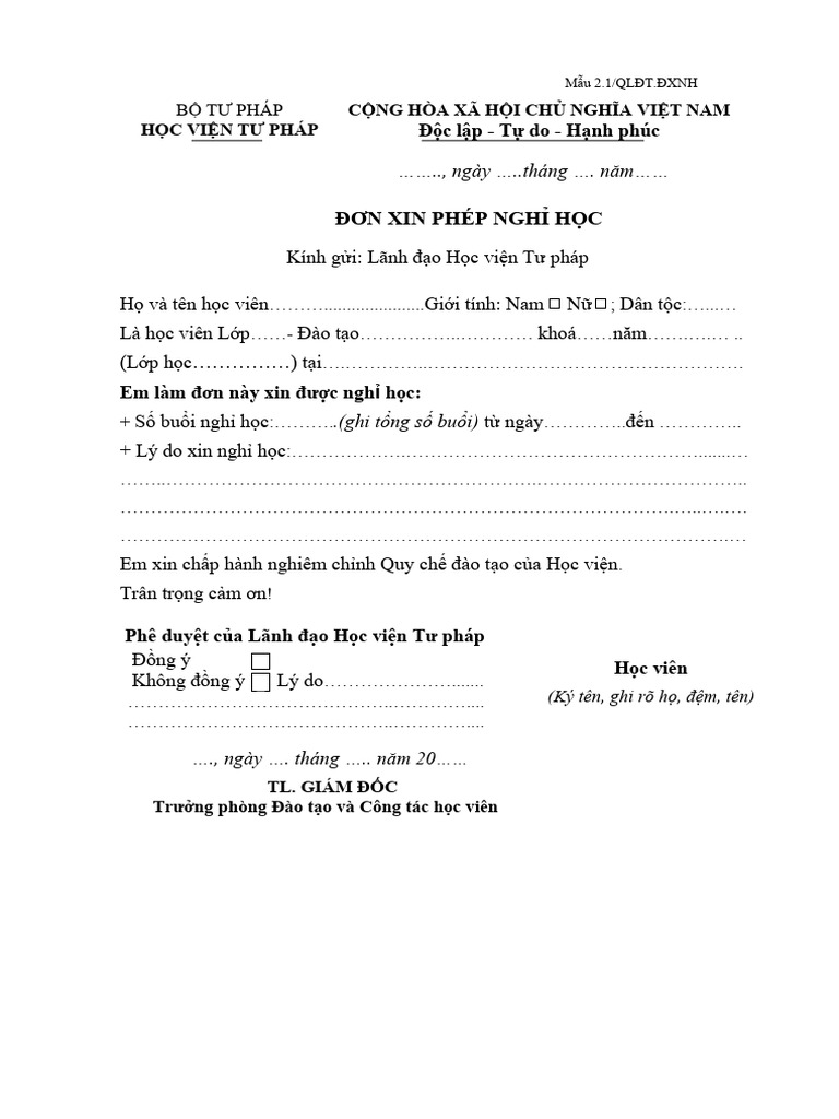 Don Xin Phep Nghi Hoc (Mau 2.1 Va 2.1a) | PDF