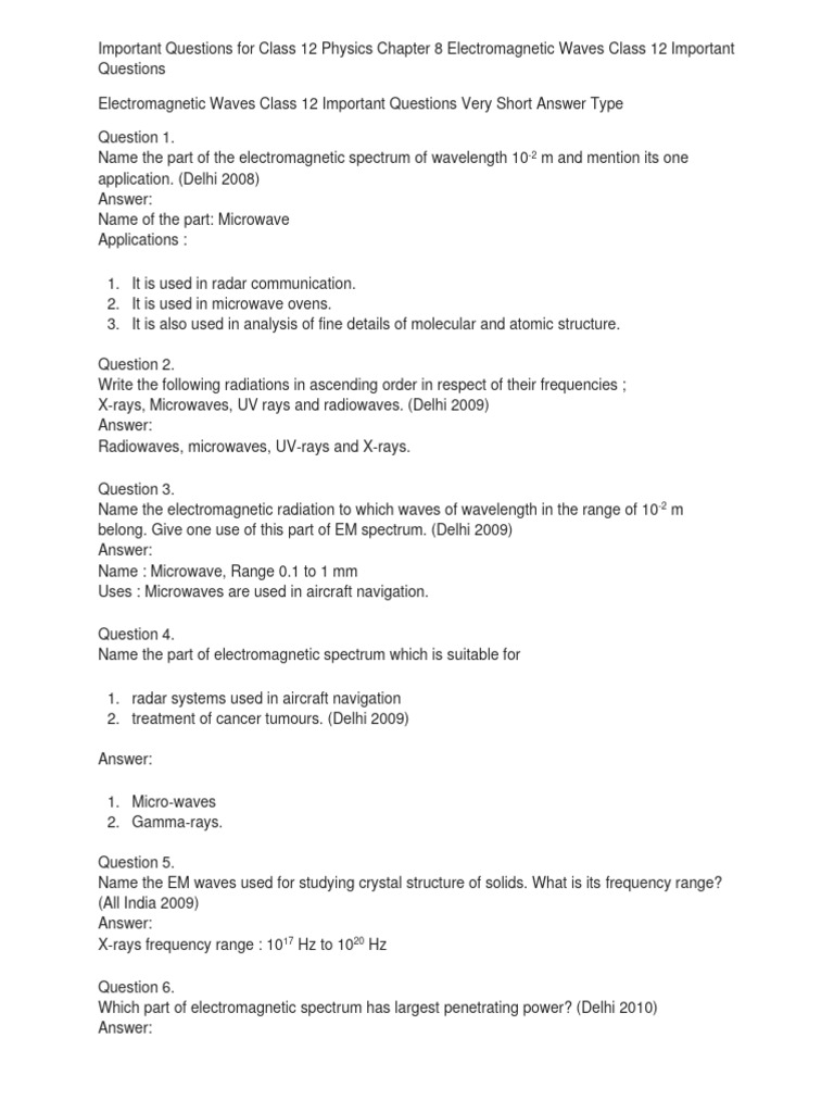 Important Questions For Class 12 Physics Chapter 8 Electromagnetic ...
