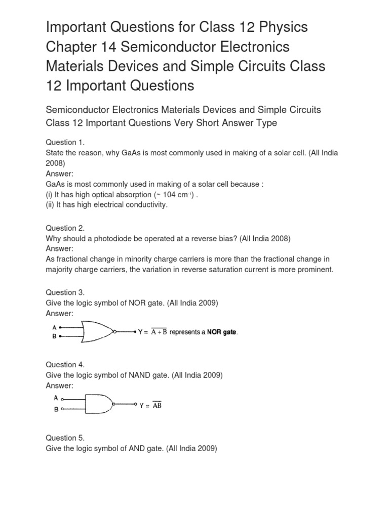 Important Questions For Class 12 Physics Chapter 14 Semiconductor Electronics Materials Devices ...