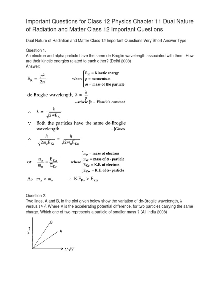 Important Questions For Class 12 Physics Chapter 11 Dual Nature of ...
