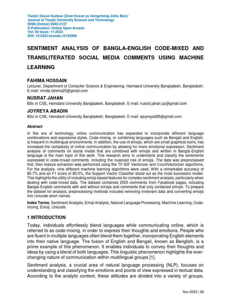 Sentiment Analysis Of Bangla English Code Mixed And Transliterated Social Media Comments Using