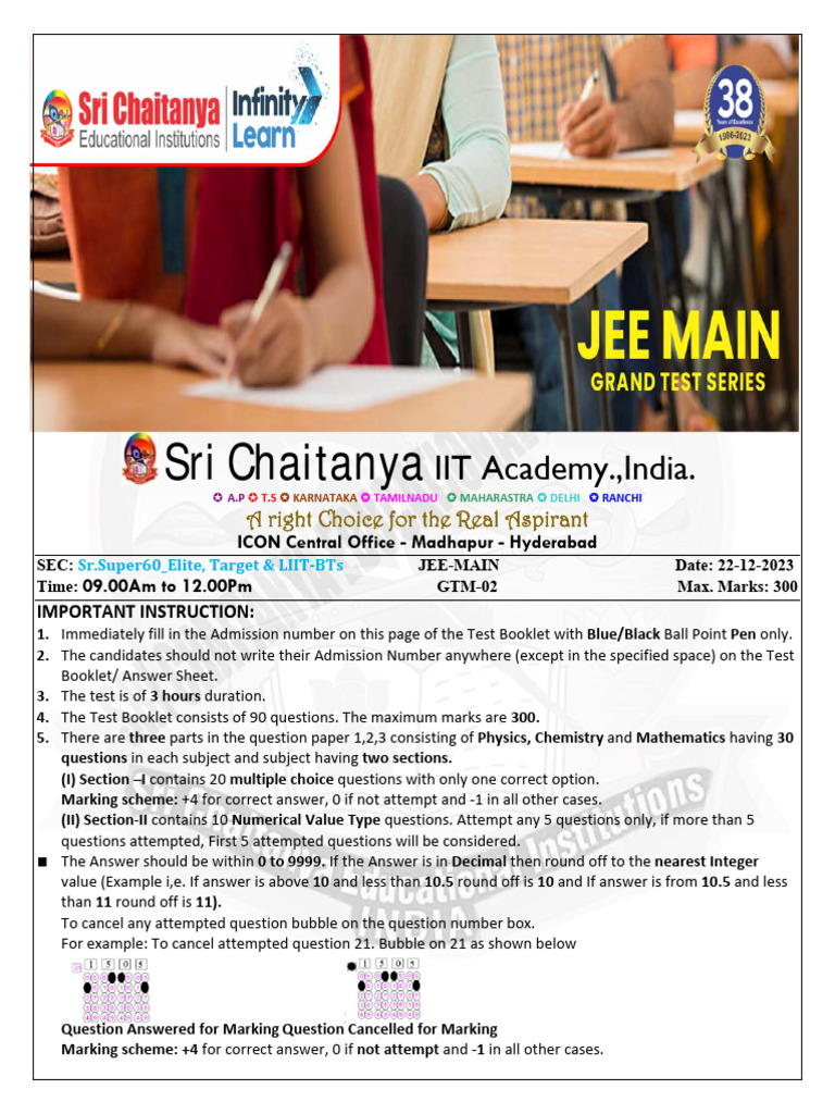 22-12-2023 Sr.S60 Elite, Target & LIIT-BTs 1st Year Syllabus Jee-Main-GTM-02 Q.papeR | PDF ...