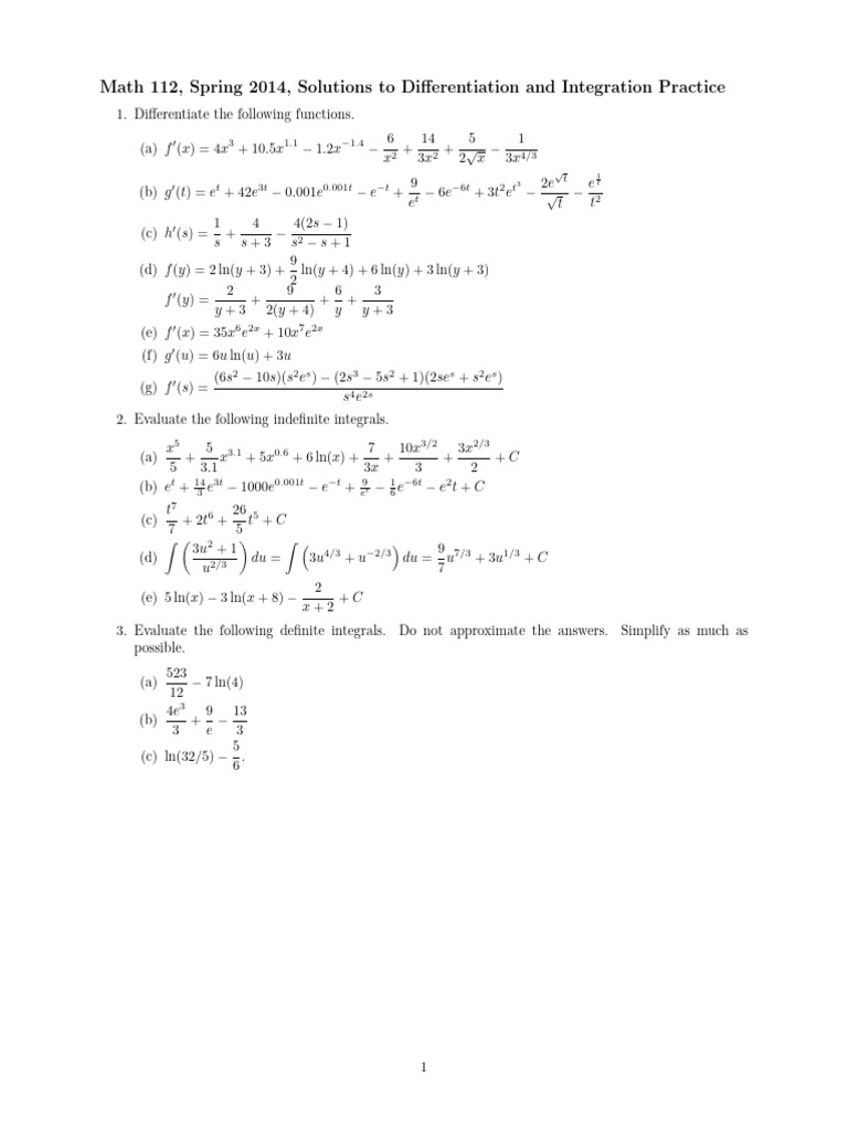 112 Sp14 Derivatives Integrals Sol Pdf Mathematical Relations Equations