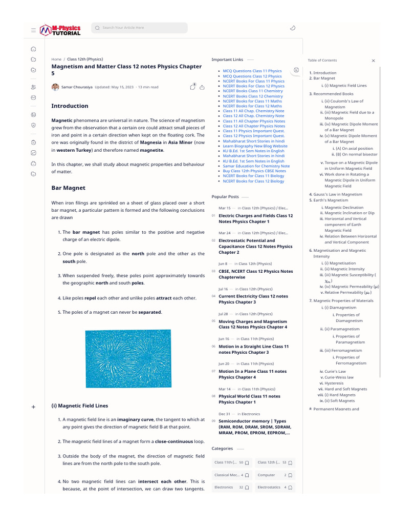 WWW Mphysicstutorial Com 2021 07 Magnetism and Matter Class 12th Notes ...