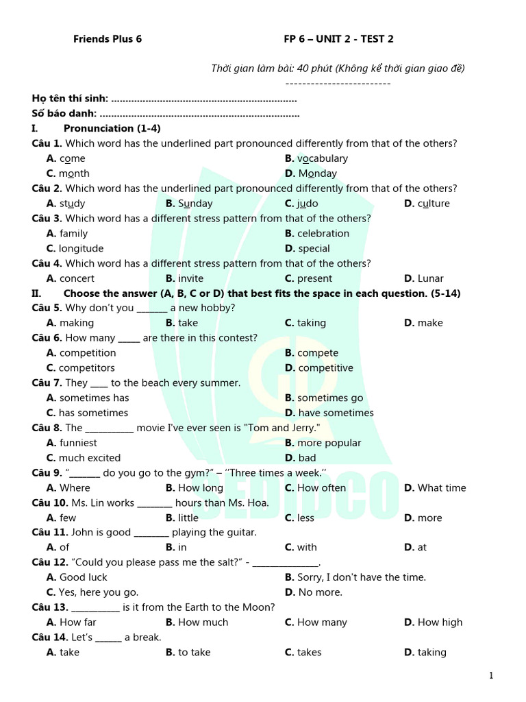 Friends Plus 6 Unit 2 Test 2 | PDF