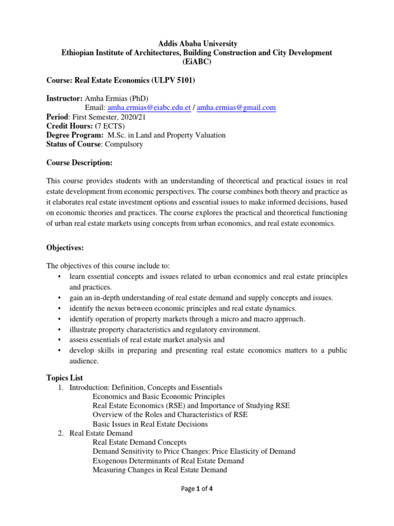 COURSE OUTLINE - Real Estate Economics (ULPV 5101) - 2023 | PDF