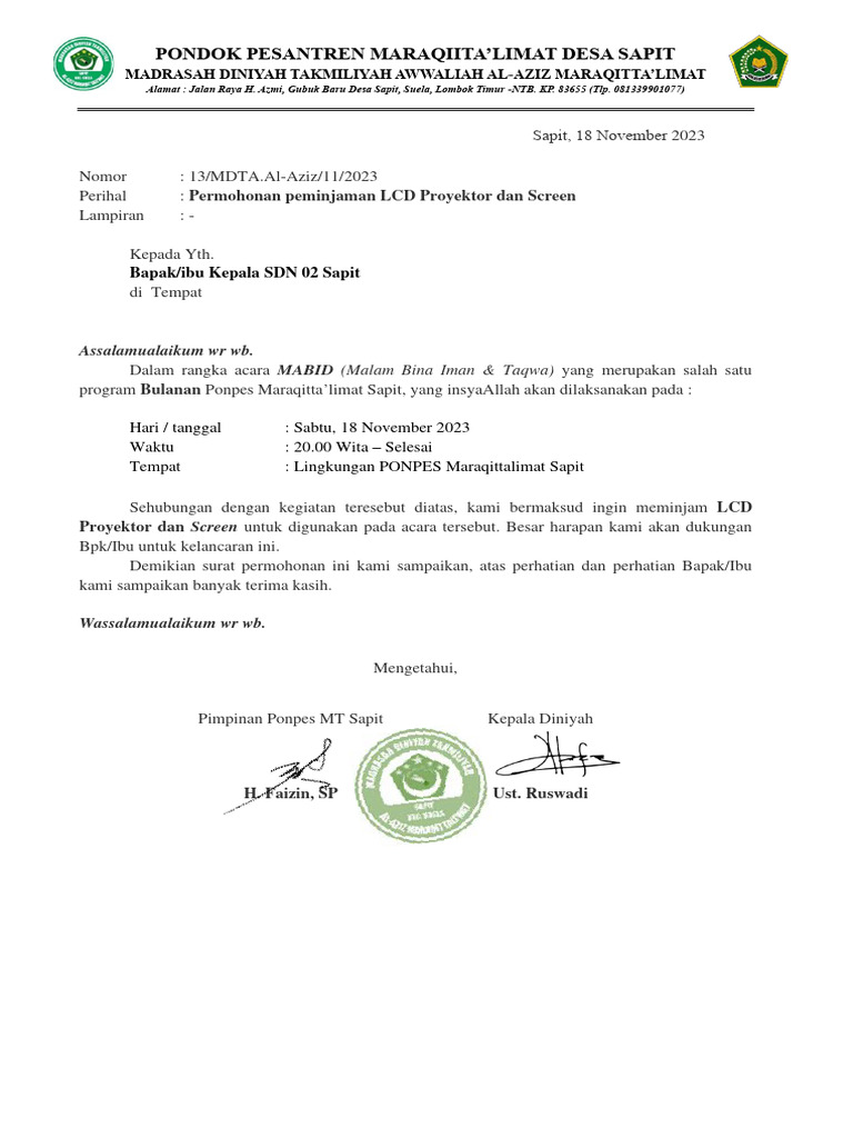 Permohonan Peminjaman LCD untuk MABID | PDF