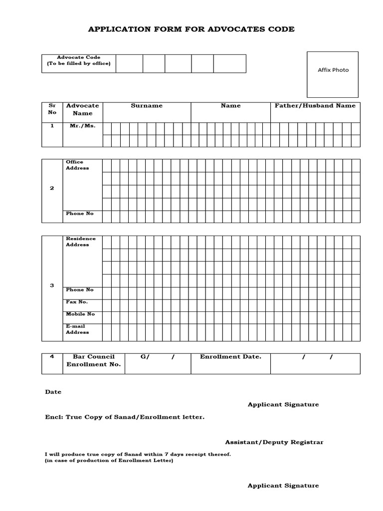 Application Form For Advocates Code | PDF