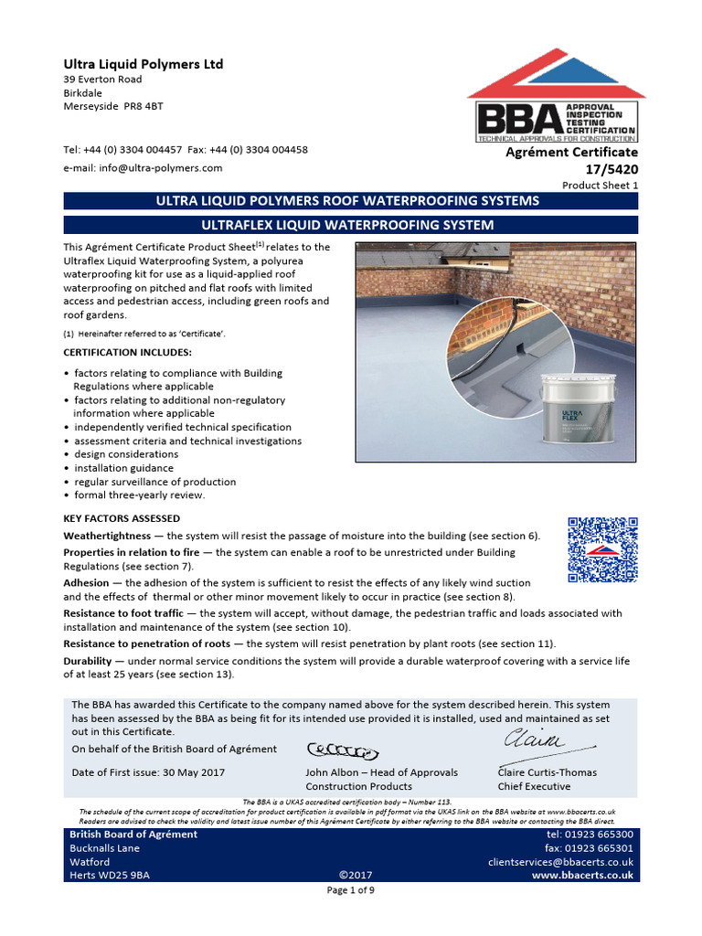 Ultraflex Roof Waterproofing Certificate | PDF | Roof | Packaging And Labeling