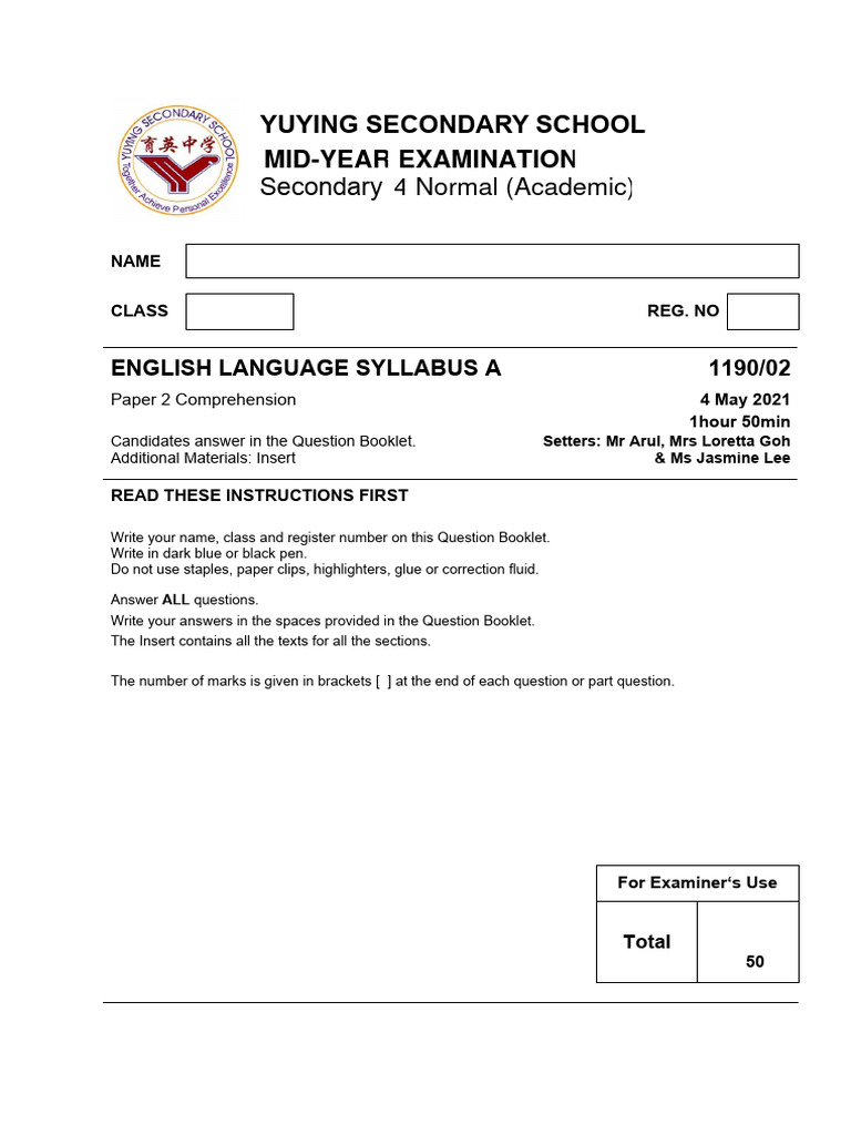 EL 4NA Prelim P2 2021 Answer Scheme - With MR | PDF | Physical Fitness | Paragraph