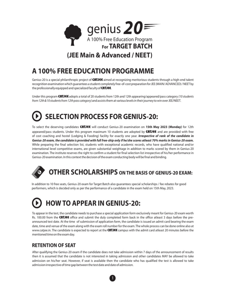 Genius-20: Free JEE/NEET Coaching Program | PDF | University And College Admission | Qualifications