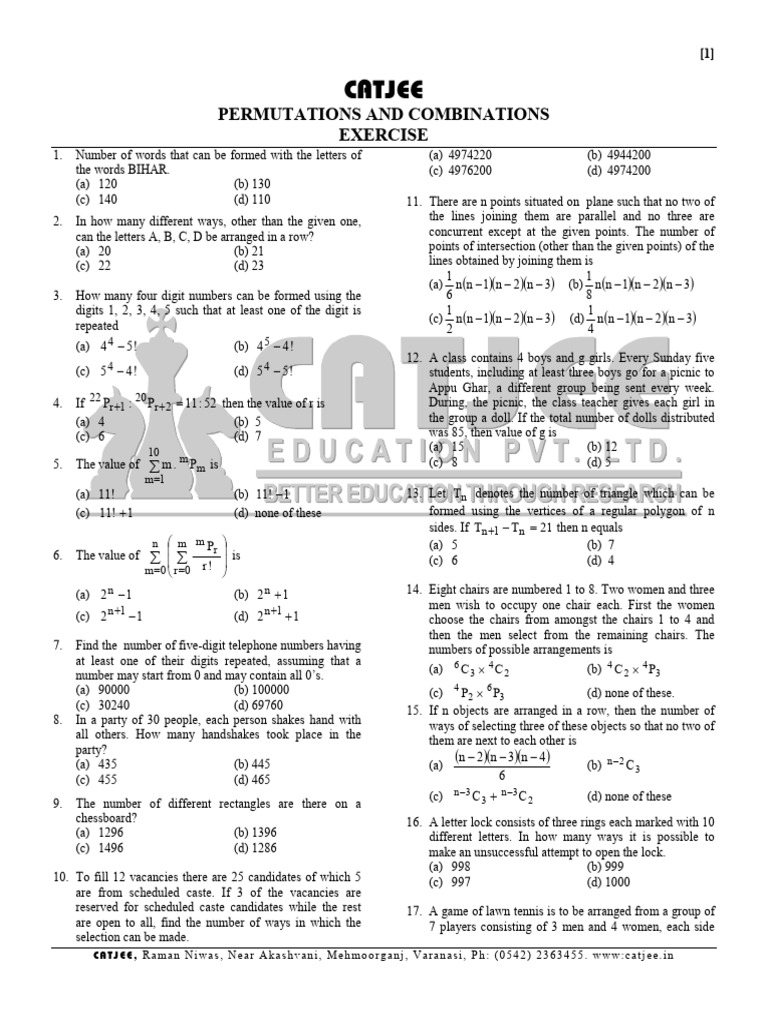 Permutations and Combinations Question-1 | PDF | Mathematical Objects | Mathematics