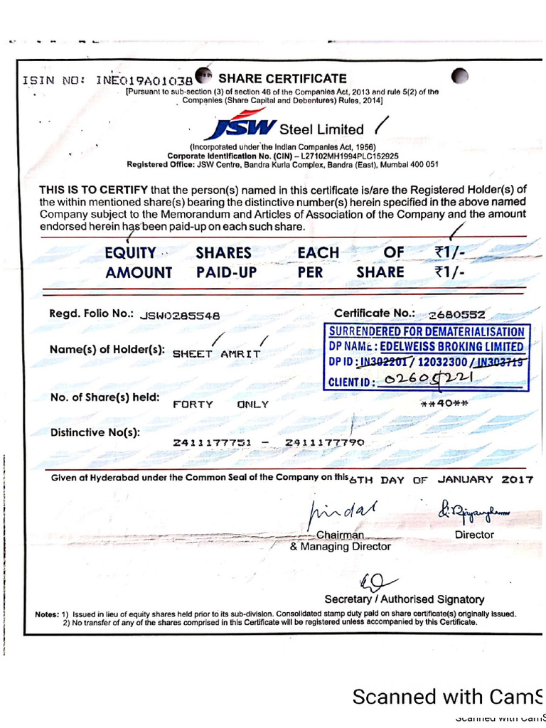 JSW Steel Physical Share | PDF