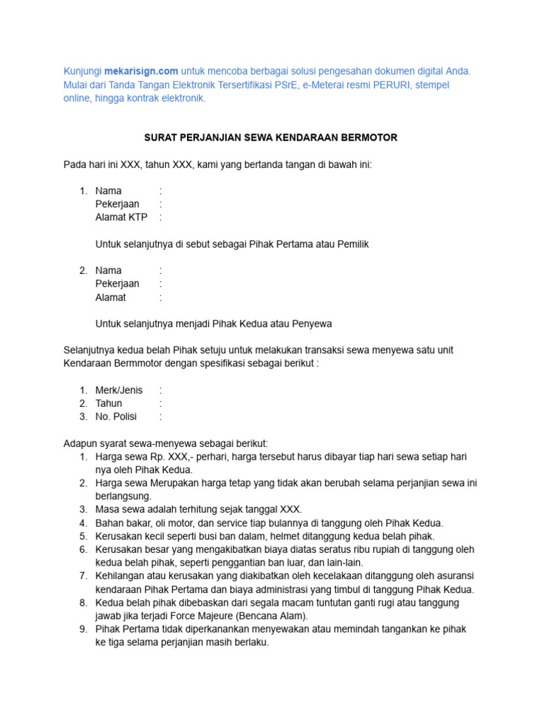 Surat Perjanjian Sewa Motor Mekari Sign | PDF