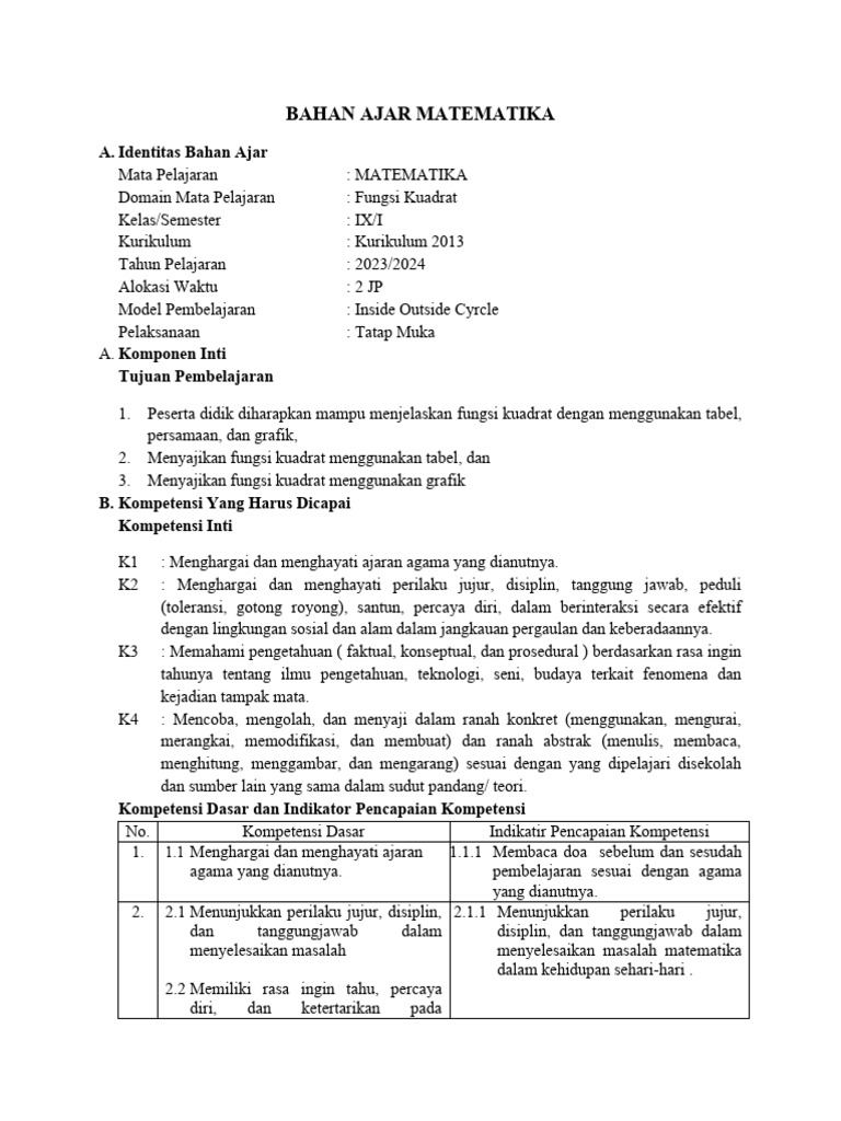MODUL AJAR MATEMATIKA SMP KELAS IX Puput A 2A 22512002 | PDF | Metode & Bahan Ajar | Sains ...