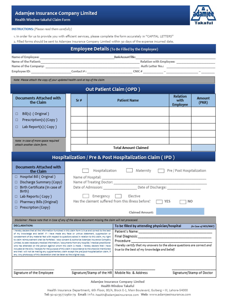 Adamjee Claim Form | PDF