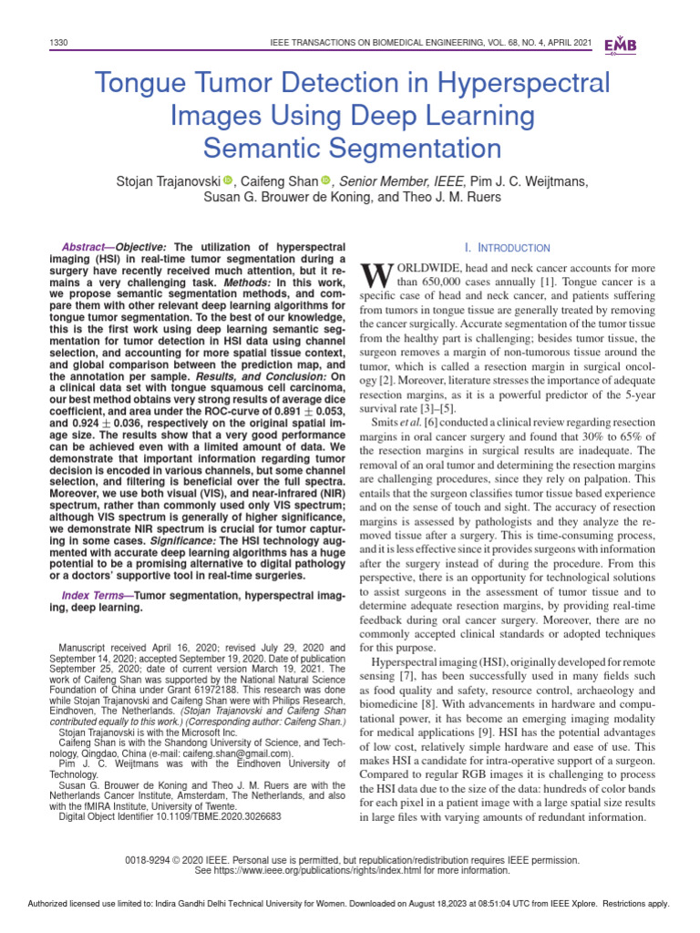 Tongue Tumor Detection in Hyperspectral Images Using Deep Learning Semantic Segmentation | PDF ...