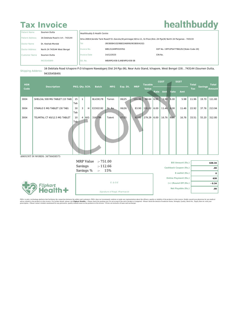 WB12124MTI019761 | PDF | Invoice | Health Care