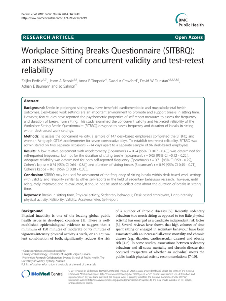 Workplace Sitting Breaks Questionnaire (SITBRQ) : An Assessment of ...