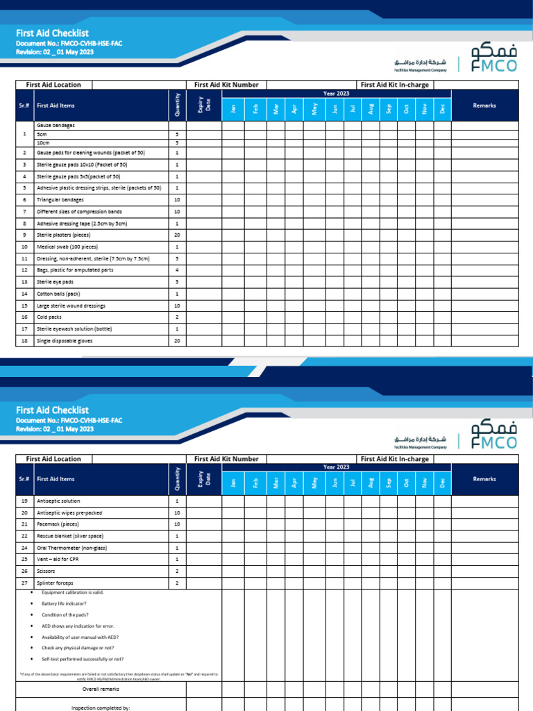 FMCO-CVHB-HSE-FAC - Rev 02 - First Aid Kit Checklist | PDF | First Aid | Emergency Medical Services