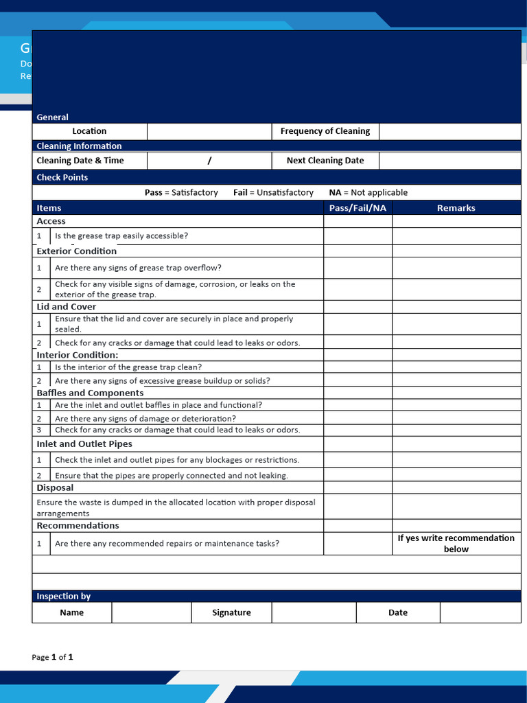 Grease Trap Inspection Checklist | PDF