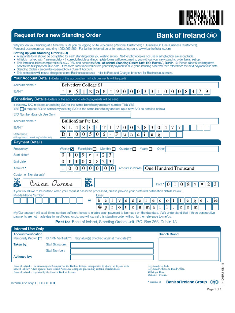 Setting Up a Bank of Ireland Standing Order | PDF