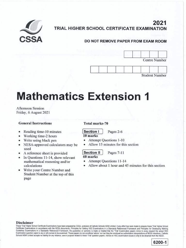 CSSA 2021 Math Ext 1 Trials | PDF | Temperature | Equations