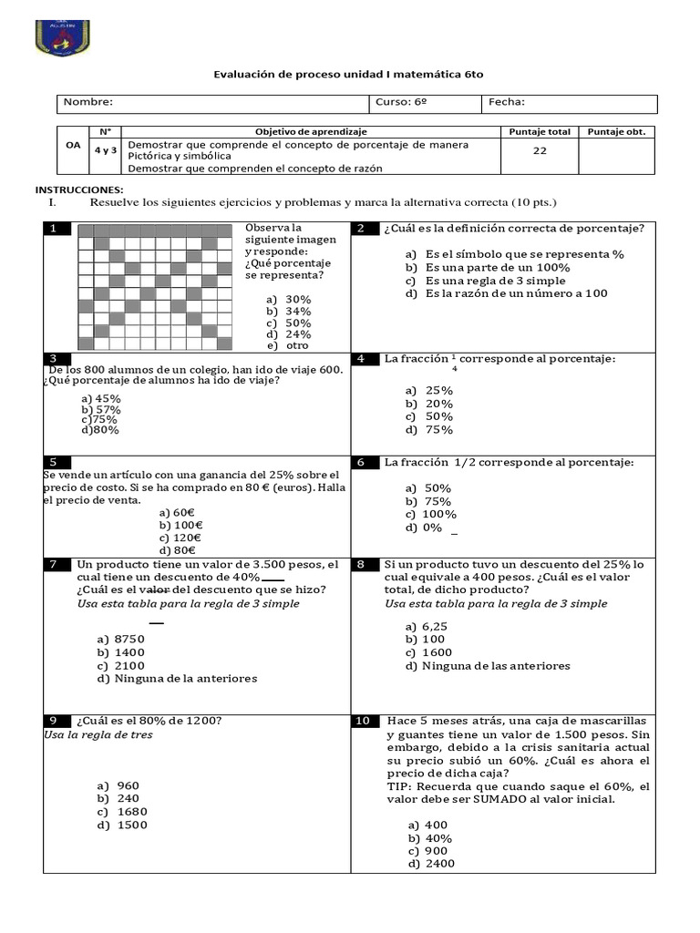 Prueba de Proceso Unidad I Matematica 6to | PDF | Porcentaje