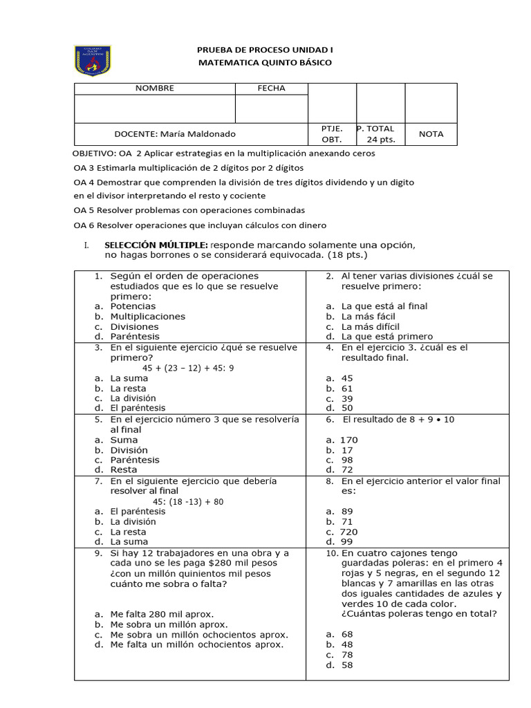 Prueba de Proceso Matematica Unidad I 5to | PDF | División (Matemáticas) | Multiplicación