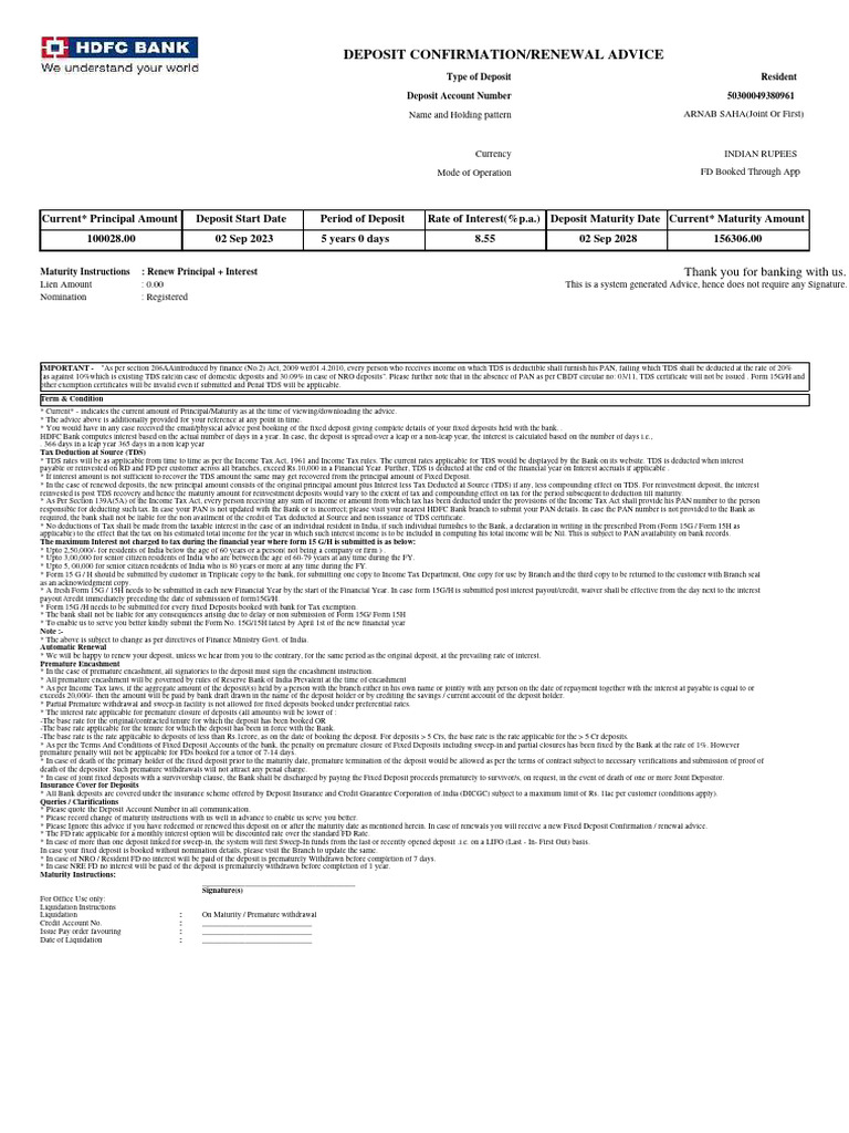 HDFC Deposit Online Receipt Format | PDF