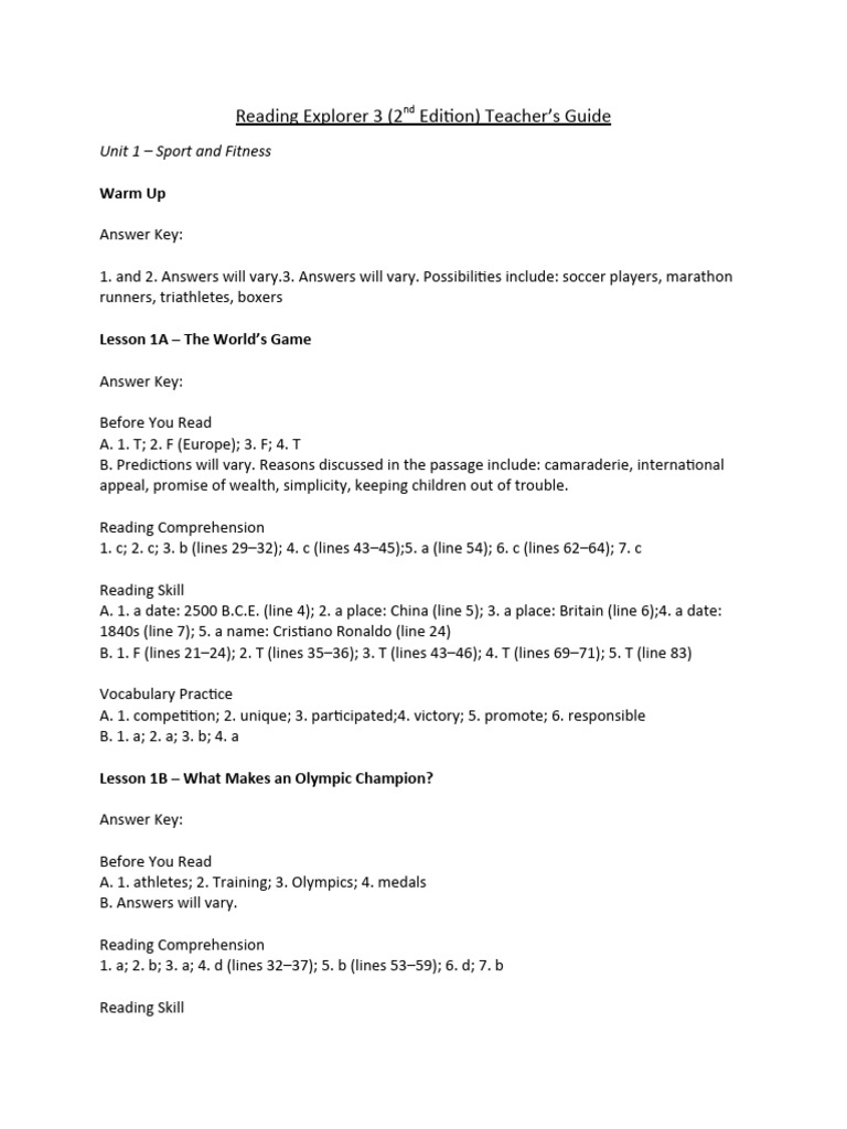 Reading Explorer 答案Answer Key第三级 | PDF