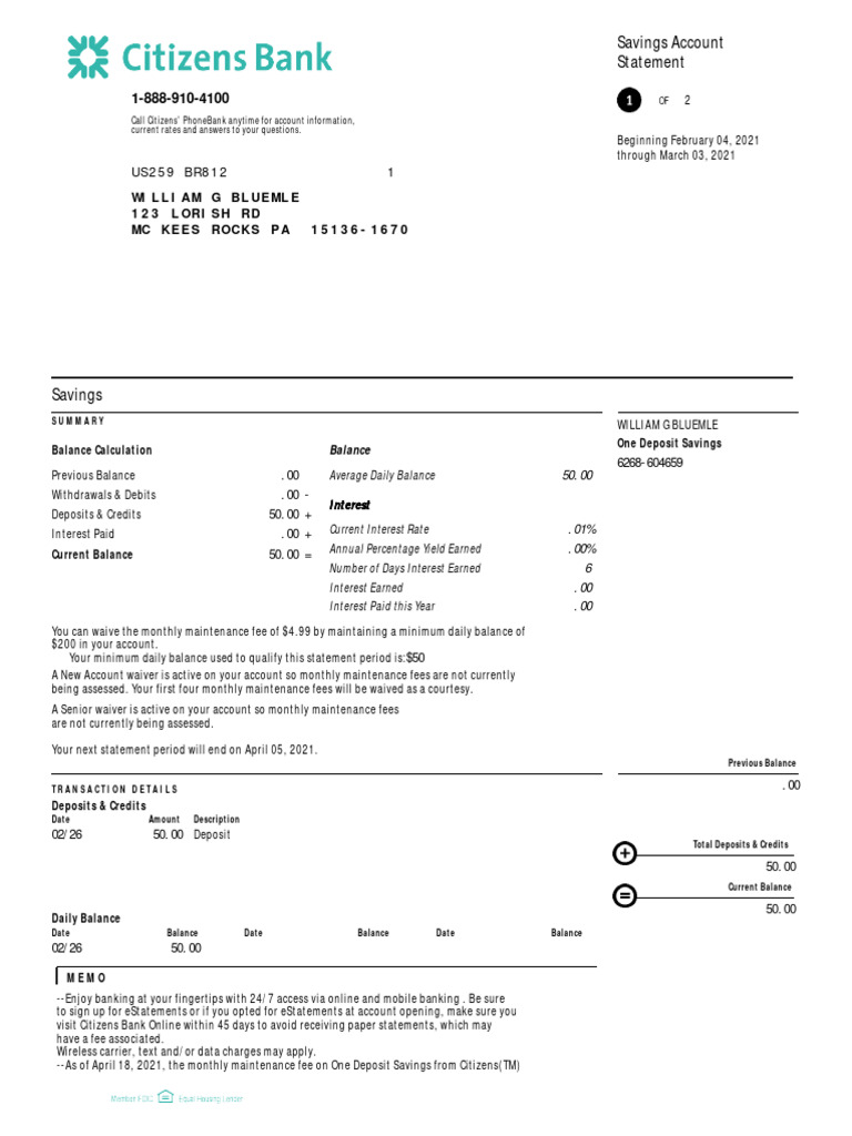 Citizens Bank Statement March 2021 | PDF