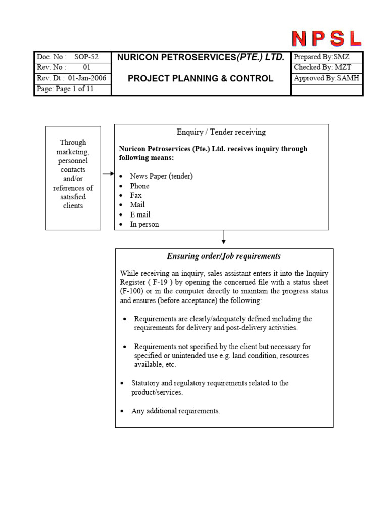 SOP-52 Project Planning & Control Job Creation To Completion | PDF