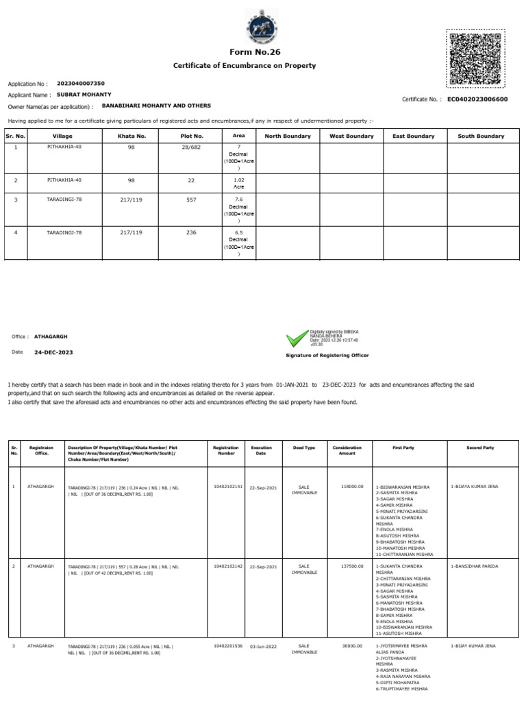 Form No.26: Certificate of Encumbrance On Property | PDF