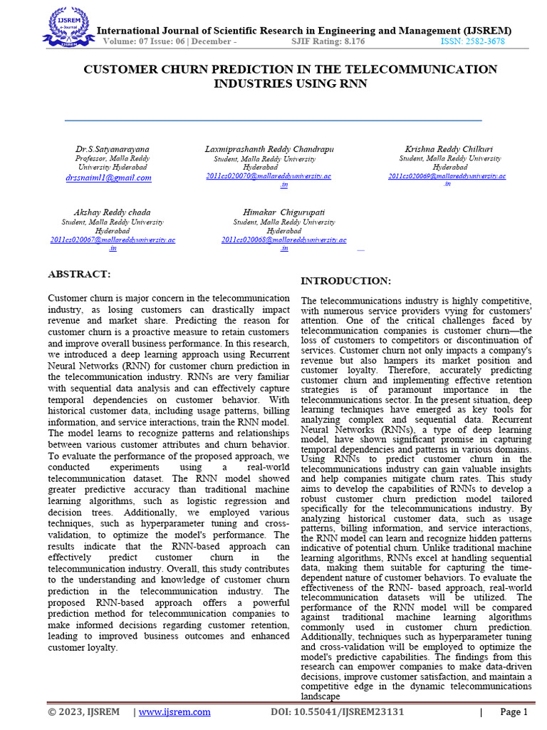 Customer Churn Prediction in The Telecommunication Industries Using RNN ...