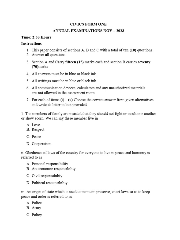 CIVICS FORM ONE ANNUAL 2023 | PDF