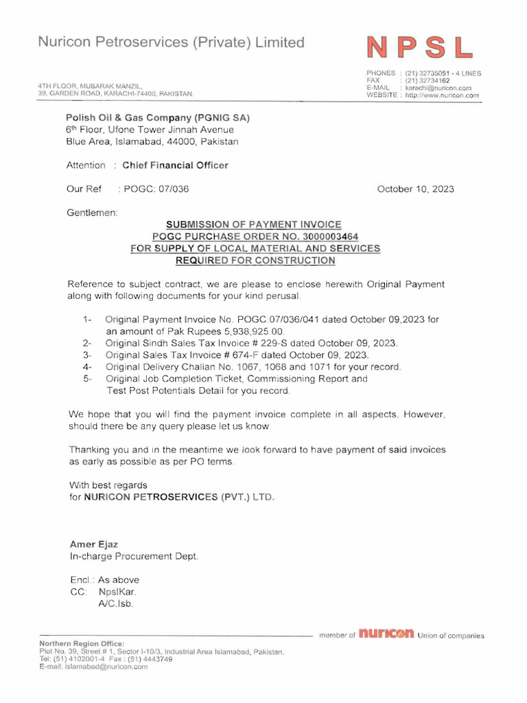 NPSL Invoice For Services and Material | PDF